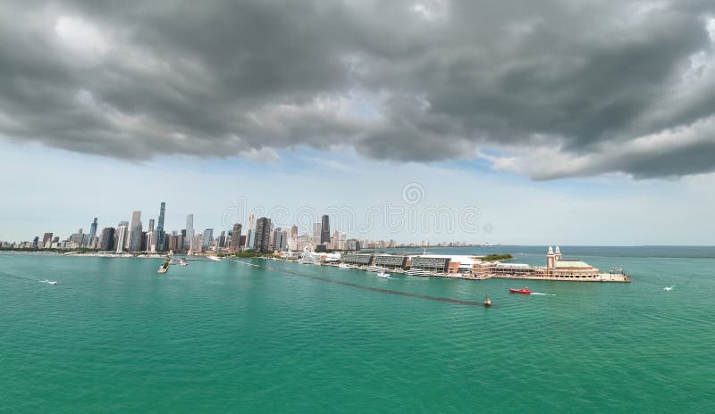 Aerial Panoramic View of Chicago Skyline from Navy Pier Stock Image ...