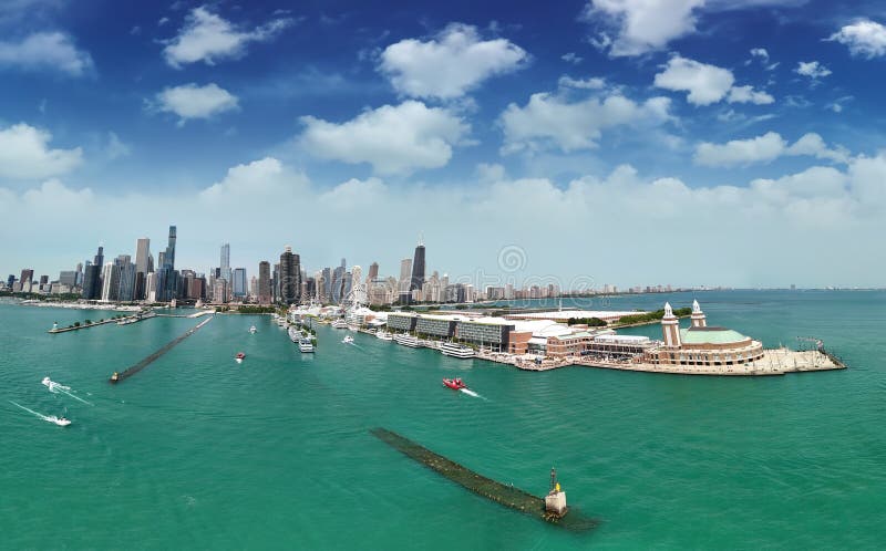 Aerial Panoramic View of Chicago Skyline from Navy Pier Editorial Photo ...