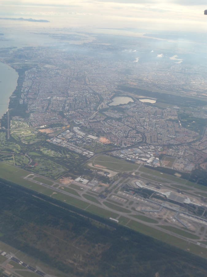 Aerial Panoramic View of City with Airplane Wing Stock Photo - Image of ...