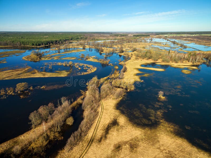 Aerial Panoramic View of Flooded Blue River in Spring Stock Image ...