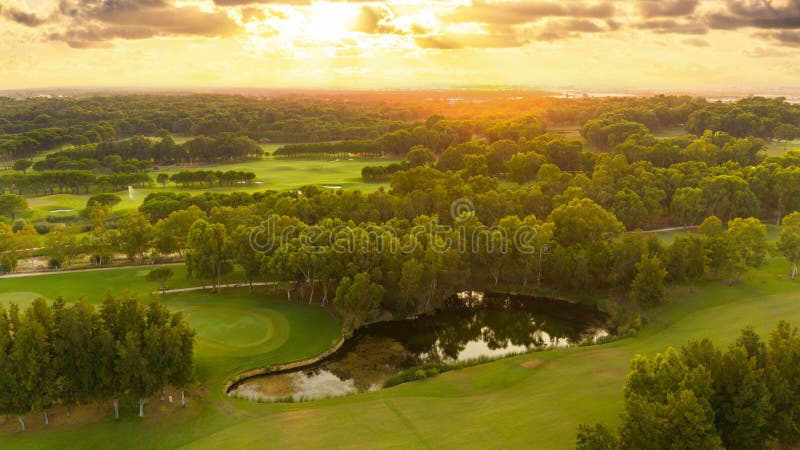 Aerial Panoramic View of Golf Course during Sunset Stock Image - Image ...