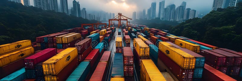 Aerial Panoramic View of a Large Container Port with Rows of ...