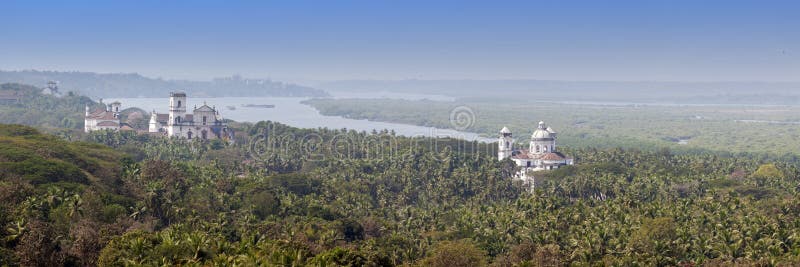Aerial Panoramic View Old Goa. Mandovi River and Ancient Churches Stock ...