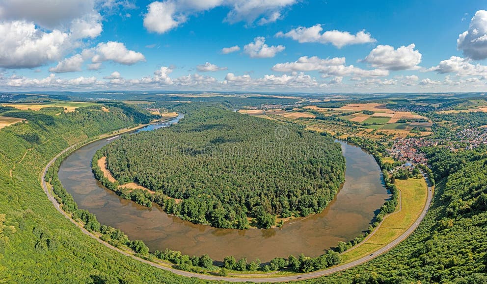 Aerial Panoramic View of the River Main Loop in Germany with Village ...