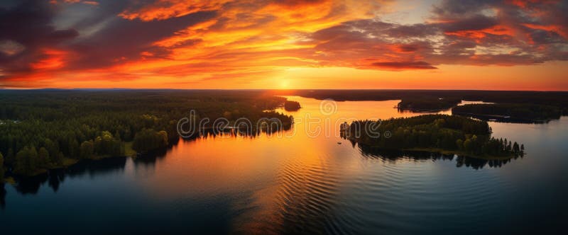 Aerial Panoramic View of Sunset on the Lake Stock Illustration ...