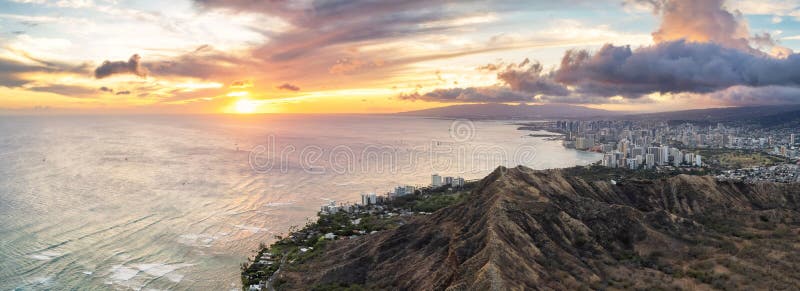 Aerial Panoramic View of Waikiki, Diamond Head Stock Photo - Image of ...
