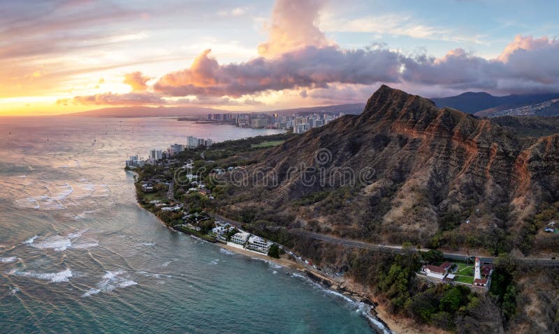 Aerial Panoramic View of Waikiki, Diamond Head Stock Image - Image of ...