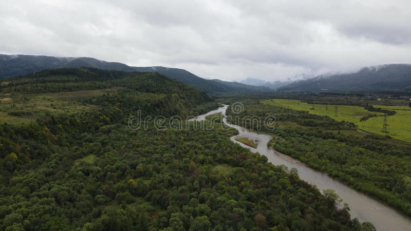 Aerial Panoramic View on the Wide Stryi River among Woodlands Stock ...