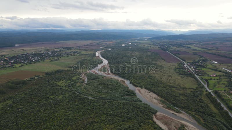 Aerial Panoramic View on the Wide Stryi River among Woodlands Stock ...
