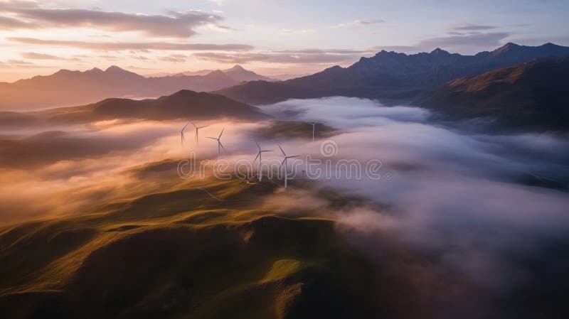 The Aerial Perspective Captures Wind Turbines on a Hillside Enveloped ...