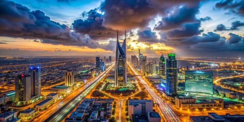 Aerial Perspective of a Cityscape with Dramatic Clouds and Light Trails ...