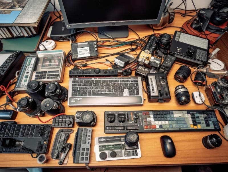 Gadgets Galore on Office Desk Stock Illustration - Illustration of ...