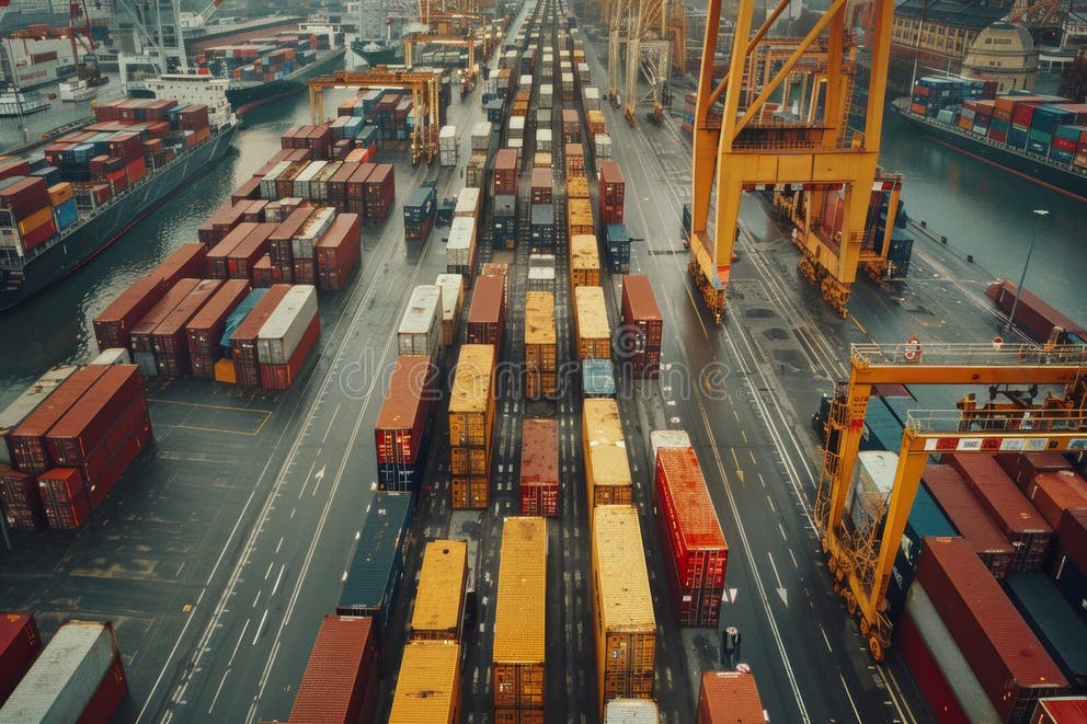 Aerial Perspective of Cranes Loading and Unloading Containers at a ...