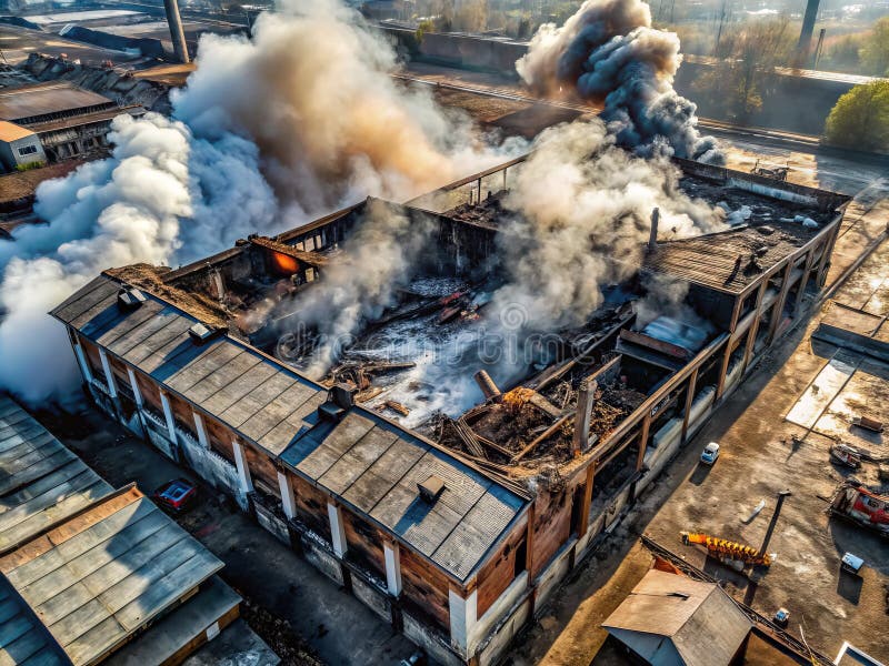 Aerial Perspective of a Devastated Warehouse SmokeFilled Aftermath of a ...