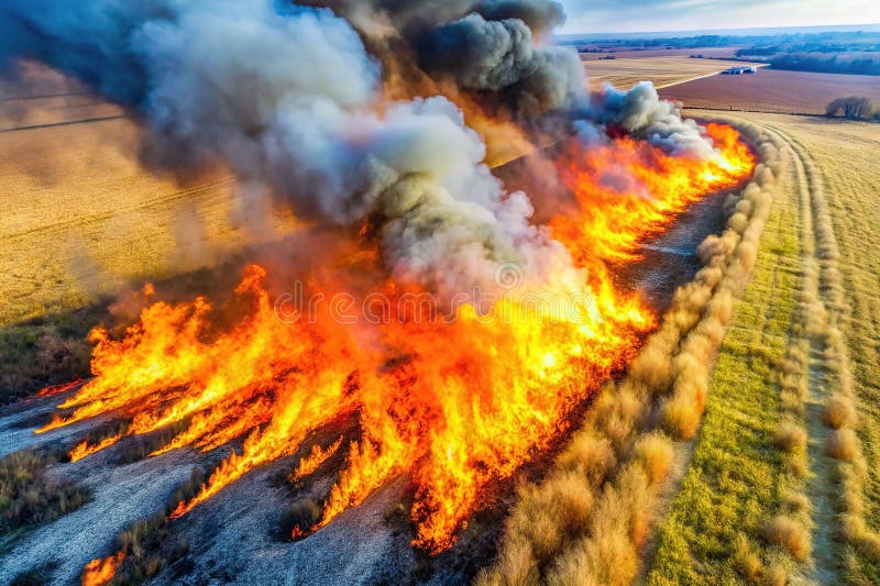 Aerial Perspective of a Diagonal Spring Field Fire Devastation and ...