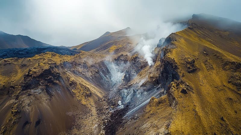 Aerial Perspective of a Dramatic Volcanic Crater with Steaming Vents ...