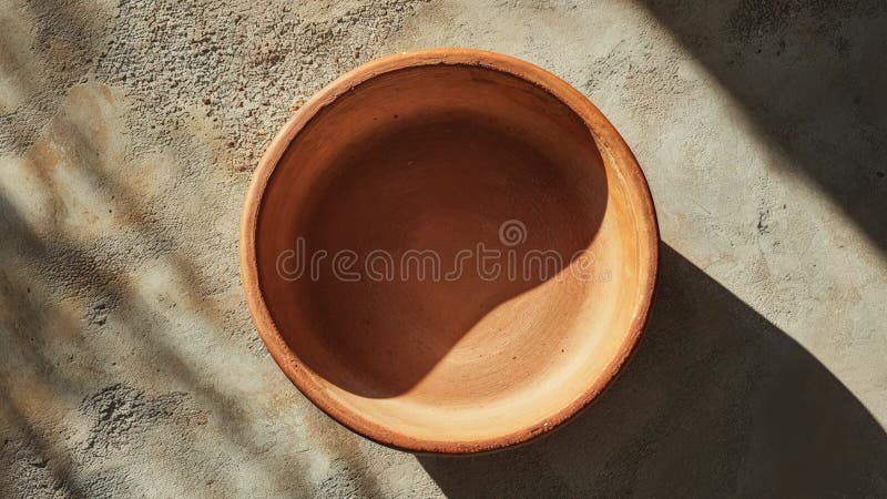 Top View of Terracotta Bowl Casting Shadow on Concrete Surface Stock ...