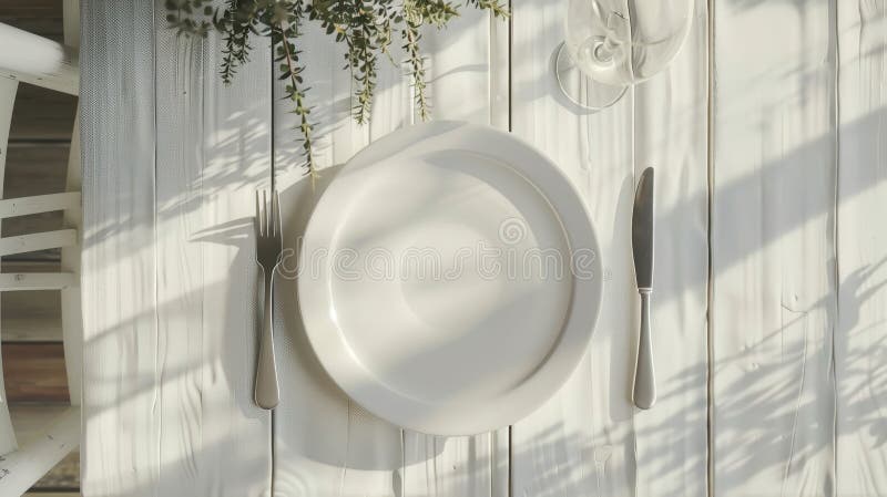 Aerial Perspective of Empty White Plate on Elegant White Wooden Table ...