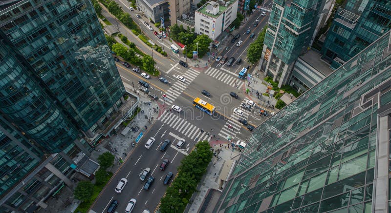 High-Angle View of Intersection with Pedestrian Crossings and Vehicles ...