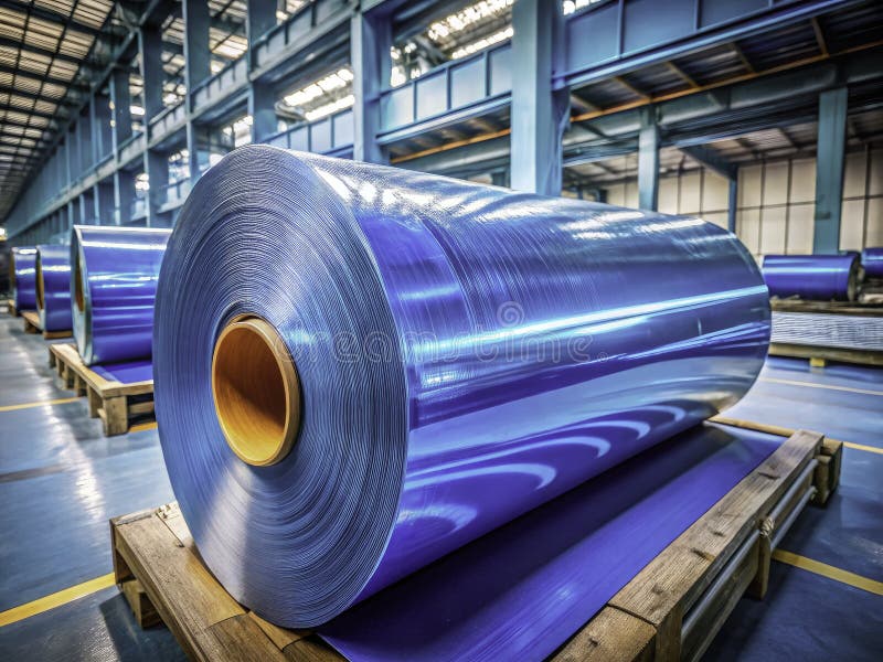 Aerial Perspective of a Massive Blue Plastic Wrap Roll Industrial ...