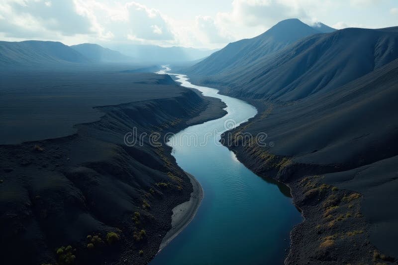 Aerial Perspective of Meandering River through Black Volcanic Fields ...
