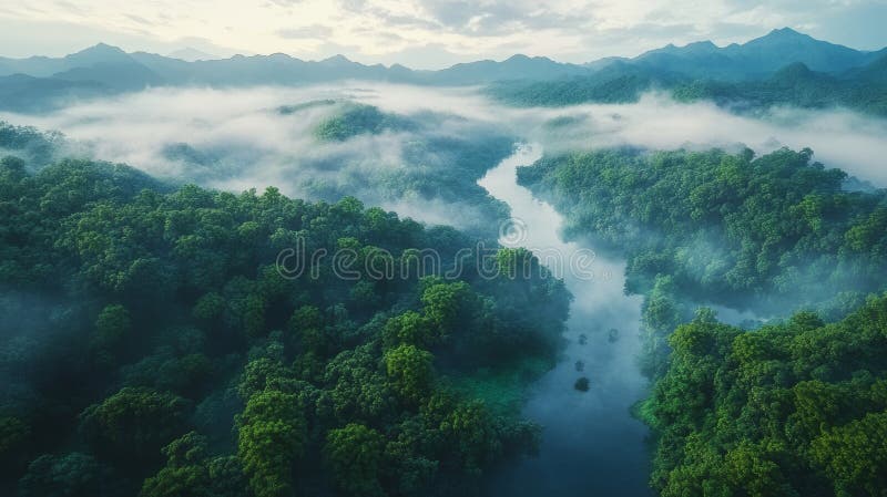 Aerial Perspective of a Misty Mountain Stream Running through a Lush ...