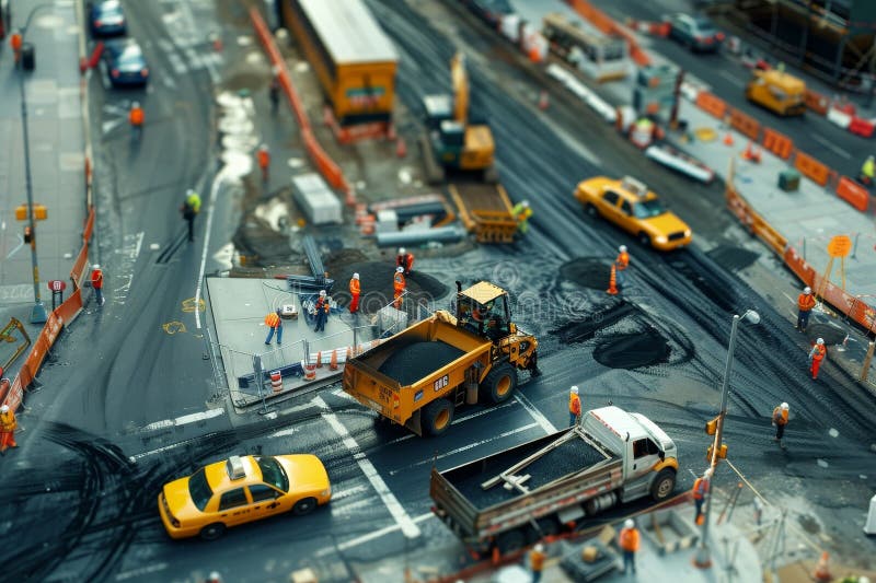 Aerial Perspective of Road Construction with Workers and Machinery in ...