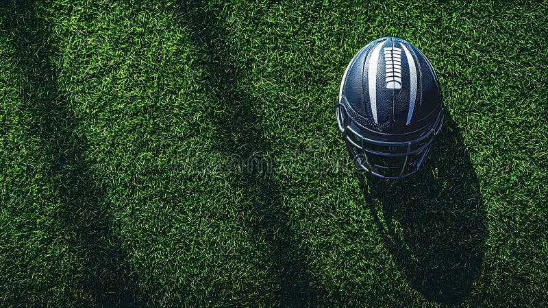 Aerial Perspective of a Rugby Helmet Resting on a Lush Green Grassy ...