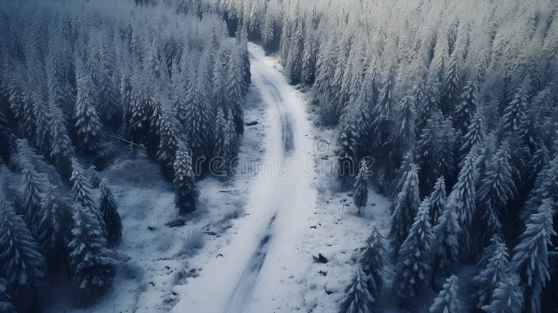 Aerial Perspective of a Snowy Forest with a Road Stock Illustration ...