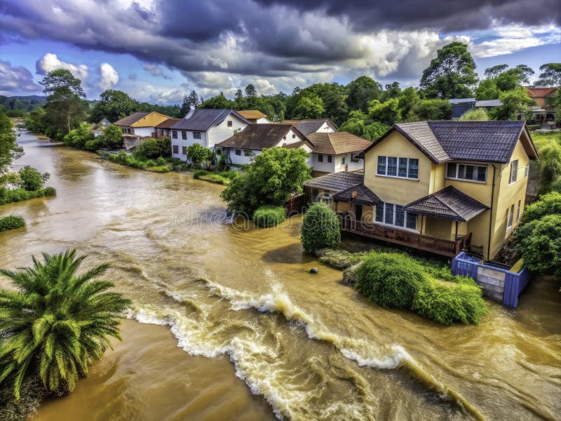 Aerial Perspective of Suburban River Overflow Devastating Flood ...