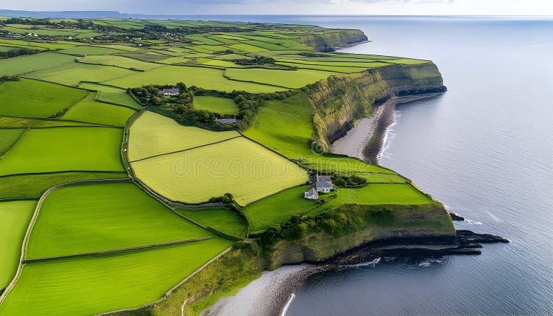 Aerial Perspective of Verdant Fields and Cliffs Along the Rugged ...