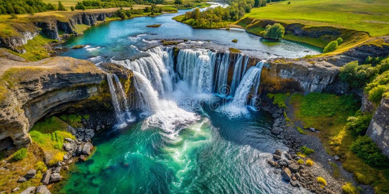 Aerial Perspective of a Waterfall Flowing into a Crystal Clear Basin AI ...