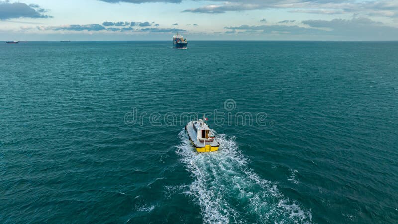 Aerial Photo of Pilot Boat and Container Cargo Ship Stock Image - Image ...