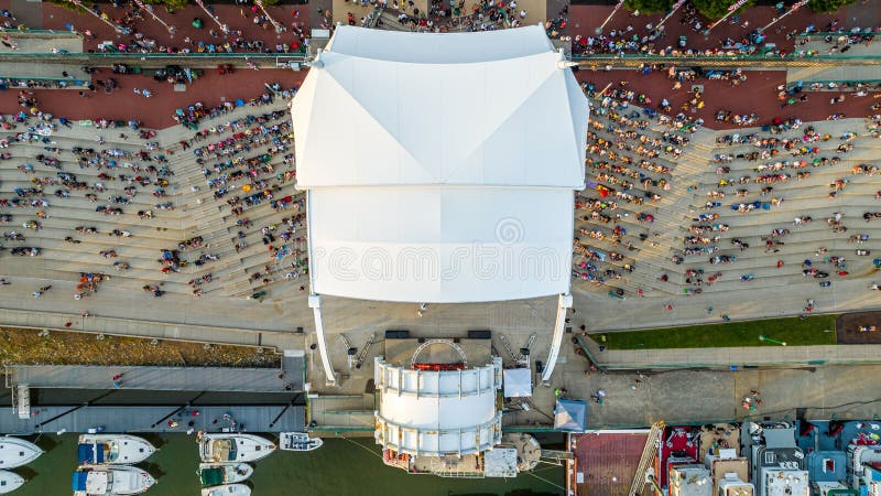 Aerial of River Front Entertainment Unique Stage Along the River Stock ...