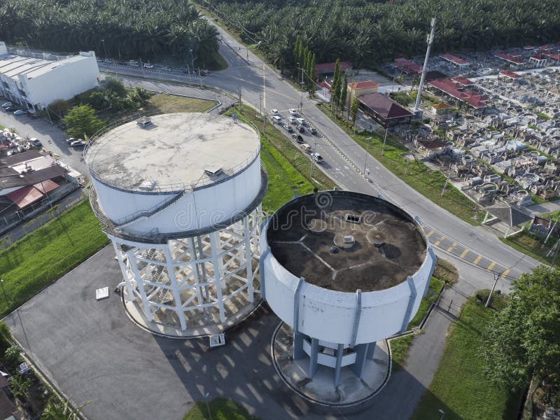 Aerial Scene at the Concrete Elevated Water Storage Tank in the Town ...