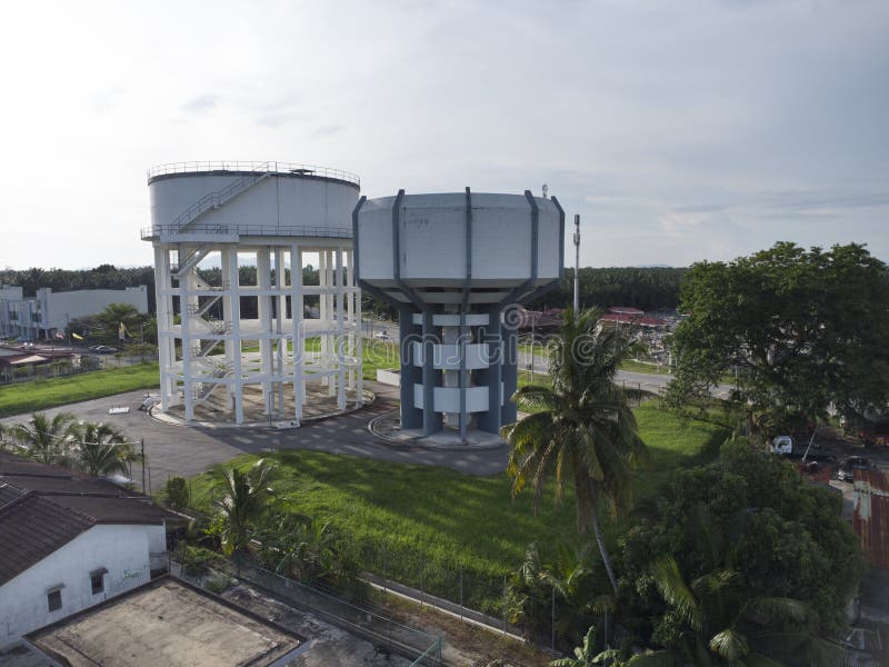 Aerial Scene at the Concrete Elevated Water Storage Tank in the Town ...