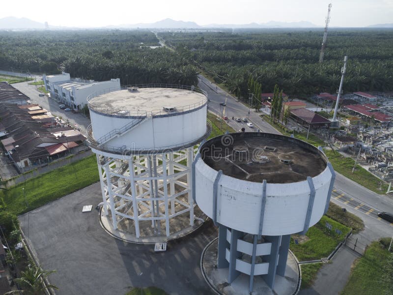 Aerial Scene at the Concrete Elevated Water Storage Tank in the Town ...