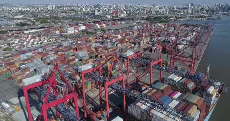 Aerial Scene with Drones. Container Terminal of the Port. Camera Down ...