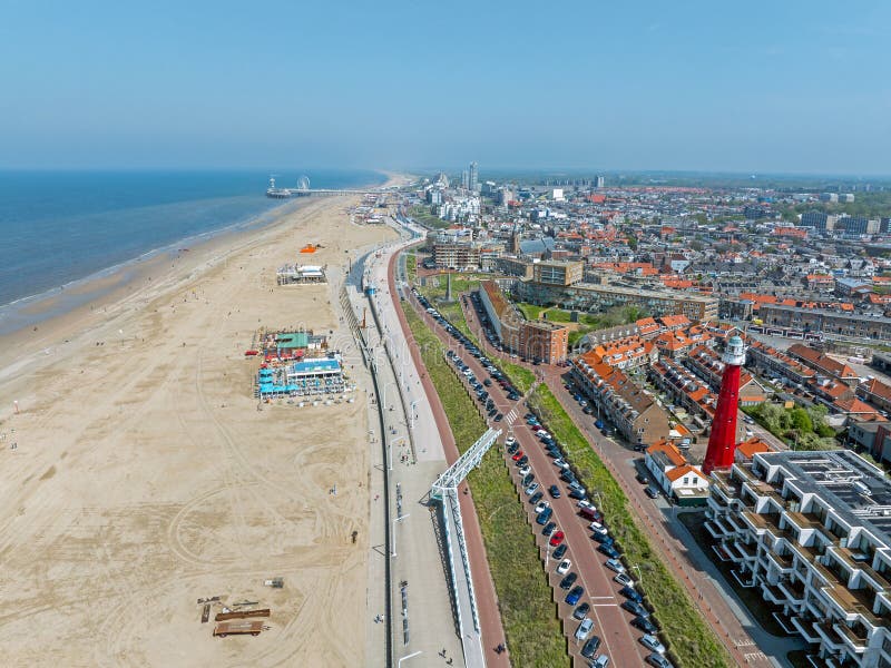 Aerial from Scheveningen with the Lighthouse at the North Sea in the ...