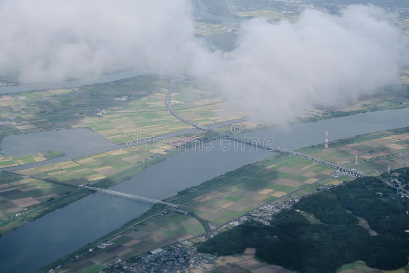 Aerial Shot from the Aircraft Over the Japanese Fields and a River ...
