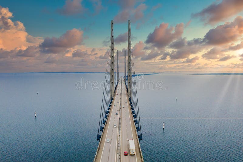Aerial Shot of a Beautiful Cable-stayed Bridge Going Over a Sea ...