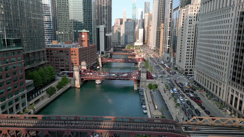Aerial Shot of Bridges Over the Chicago River Looking Down Wacker Drive ...