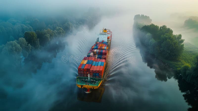 Aerial Shot of a Brightly Colored Cargo Ship on a Misty River Stock ...