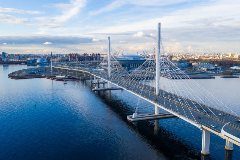Aerial Shot of a Cable-stayed Bridge with a City Landscape in the ...