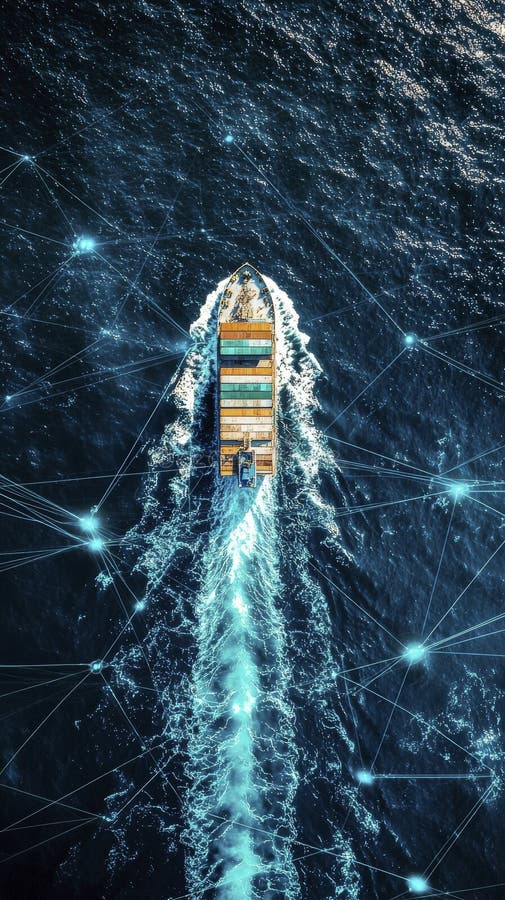 Aerial Shot of Cargo Ship and Digital Maritime Network Stock ...