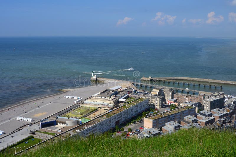 Aerial Shot of a City in a Bay Area with Blue Ocean in the Background ...