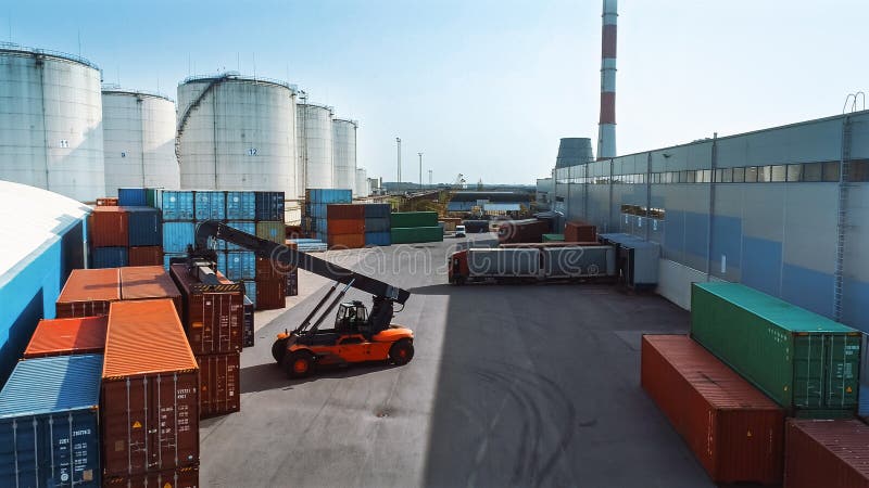 Aerial Shot of a Container Handler Carrying a Large Red Shipping Cargo ...