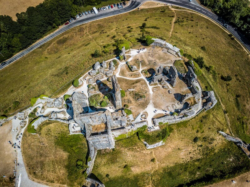 Aerial Shot of the Corfe Castle in Wareham, UK Stock Photo - Image of ...