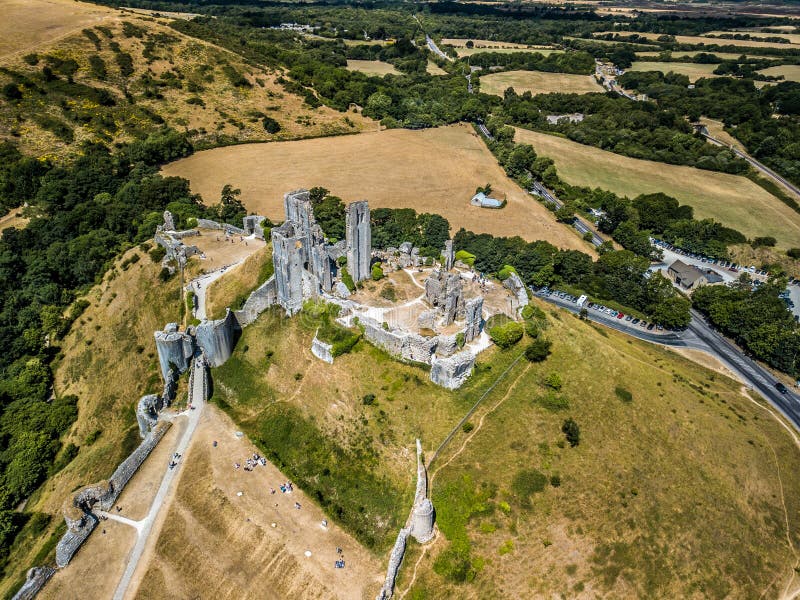 Aerial Shot of the Corfe Castle in Wareham, UK Stock Image - Image of ...