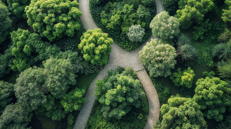 An Aerial Shot of Intersecting Paths in a Garden Surrounded by Lush ...